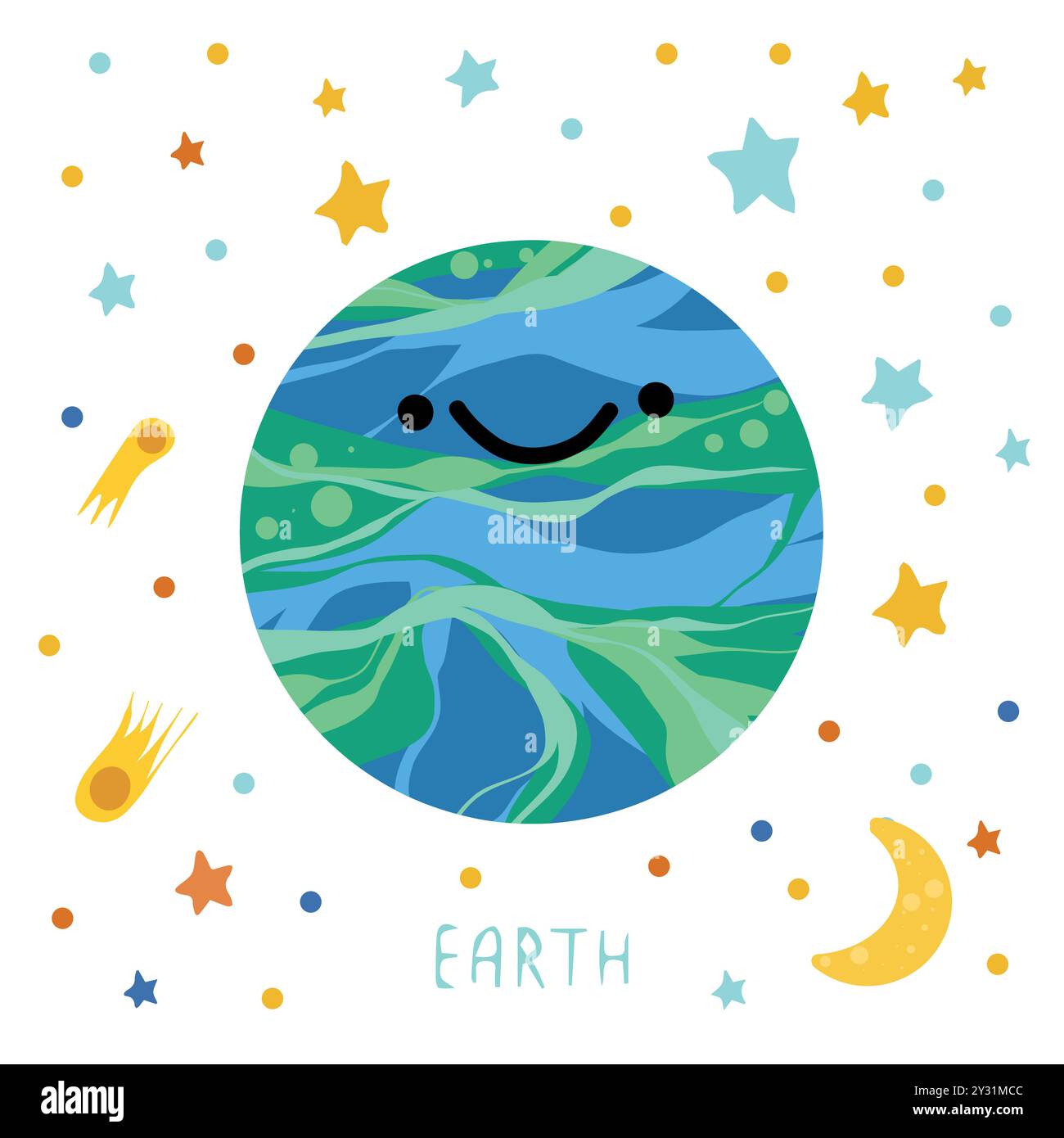 Solar system of planets for kids. Earth with cartoon face. Vector ...