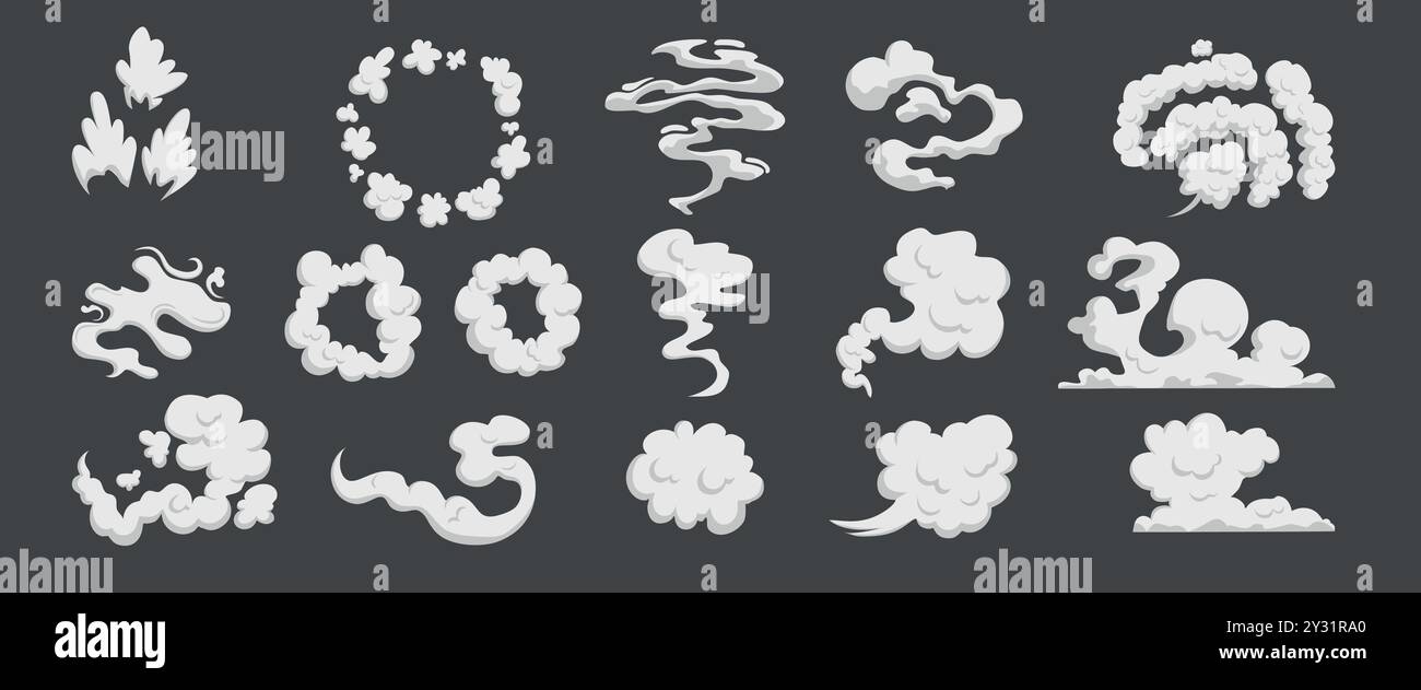 Cartoon comic book dust clouds, smoke puff stream cloud elements ...