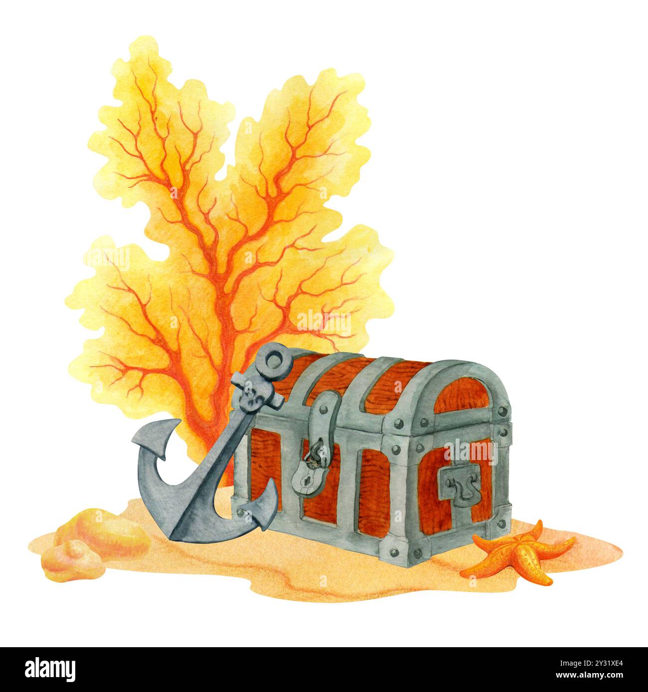 Old pirate treasure chest and anchor sunken at ocean bottom. Isolated ...