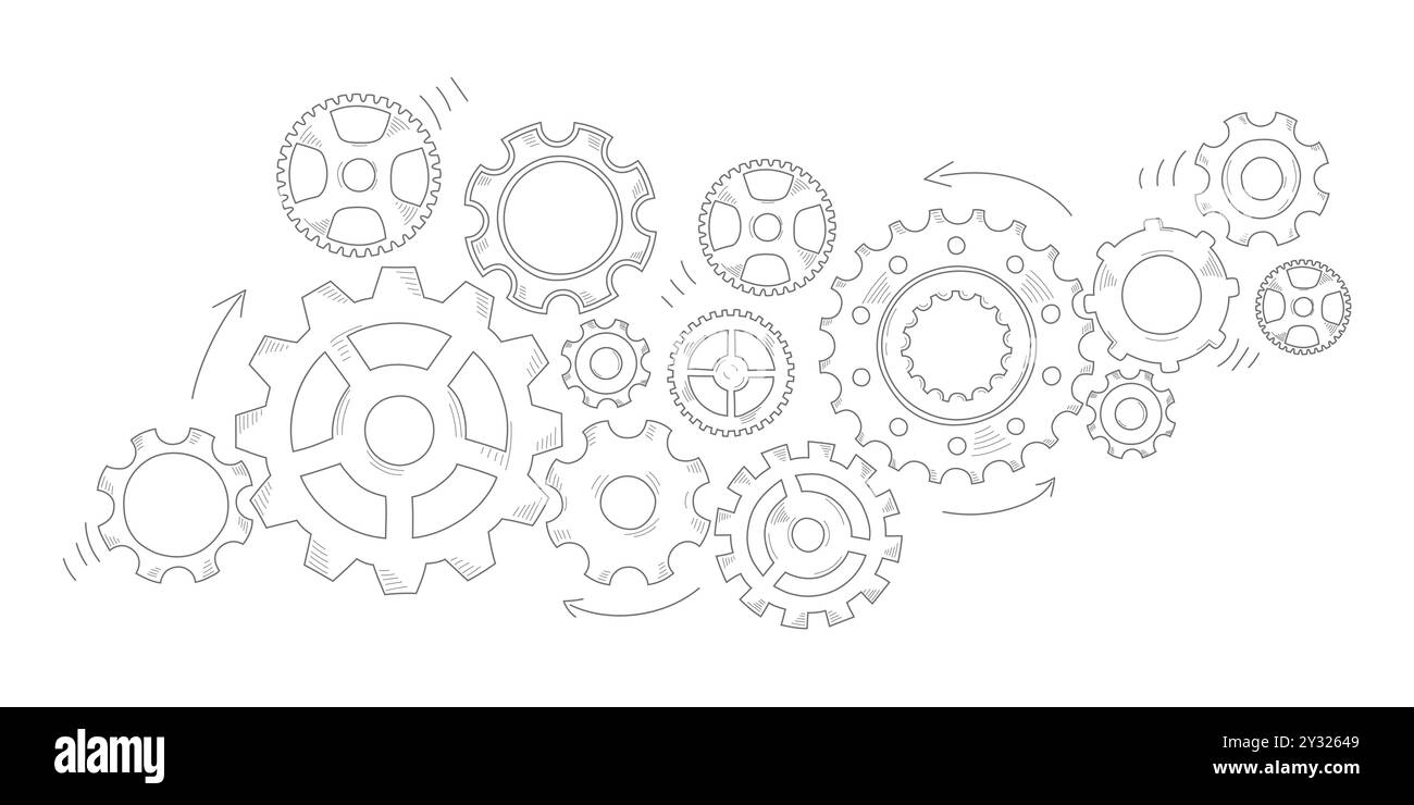 Hand drawn gear cogwheel. Doodle sketch style color gear mechanism ...