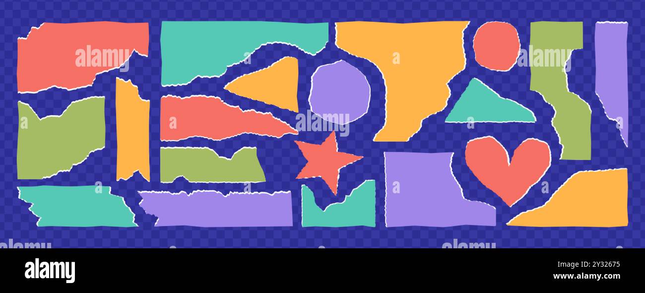 Colorful torn paper set. Pieces of crumpled note sheet with jagged ...