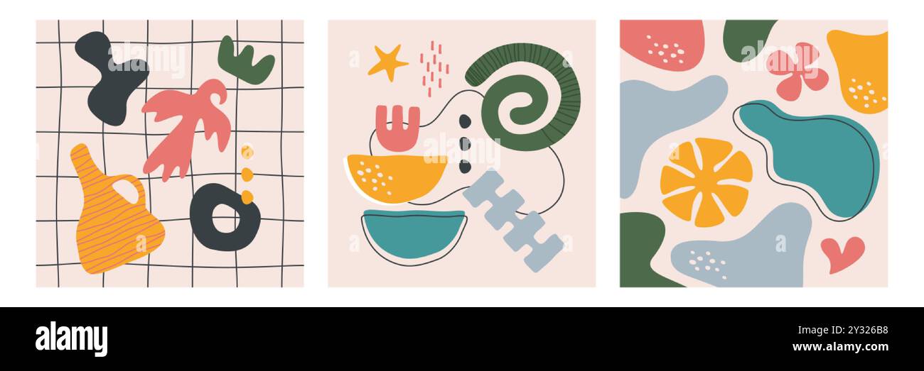 Contemporary cards set with modern abstract nature elements, organic geometric shapes or naive ...