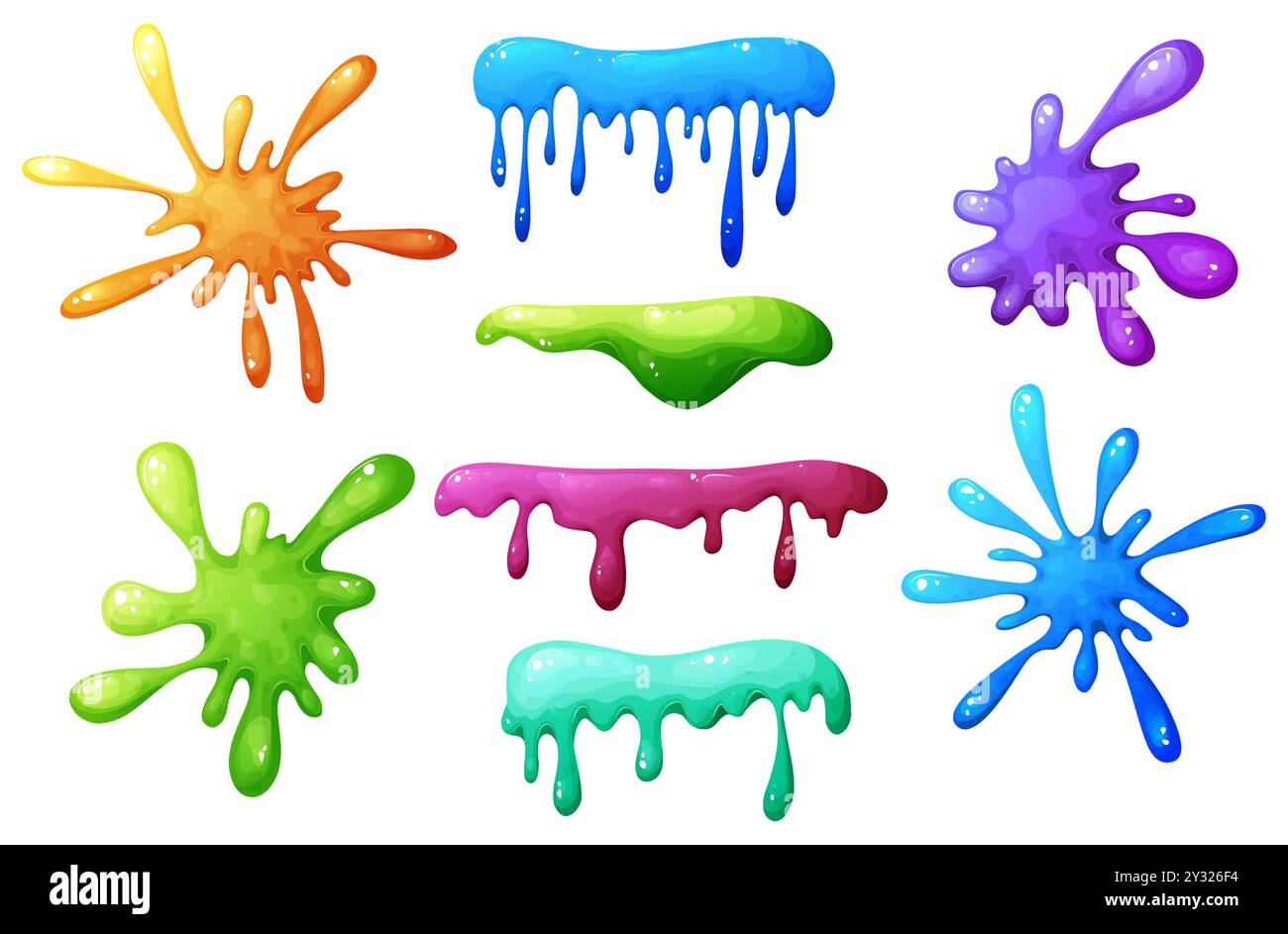 Colorful dripping slime in cartoon. Mucus splashes and liquid drop ...