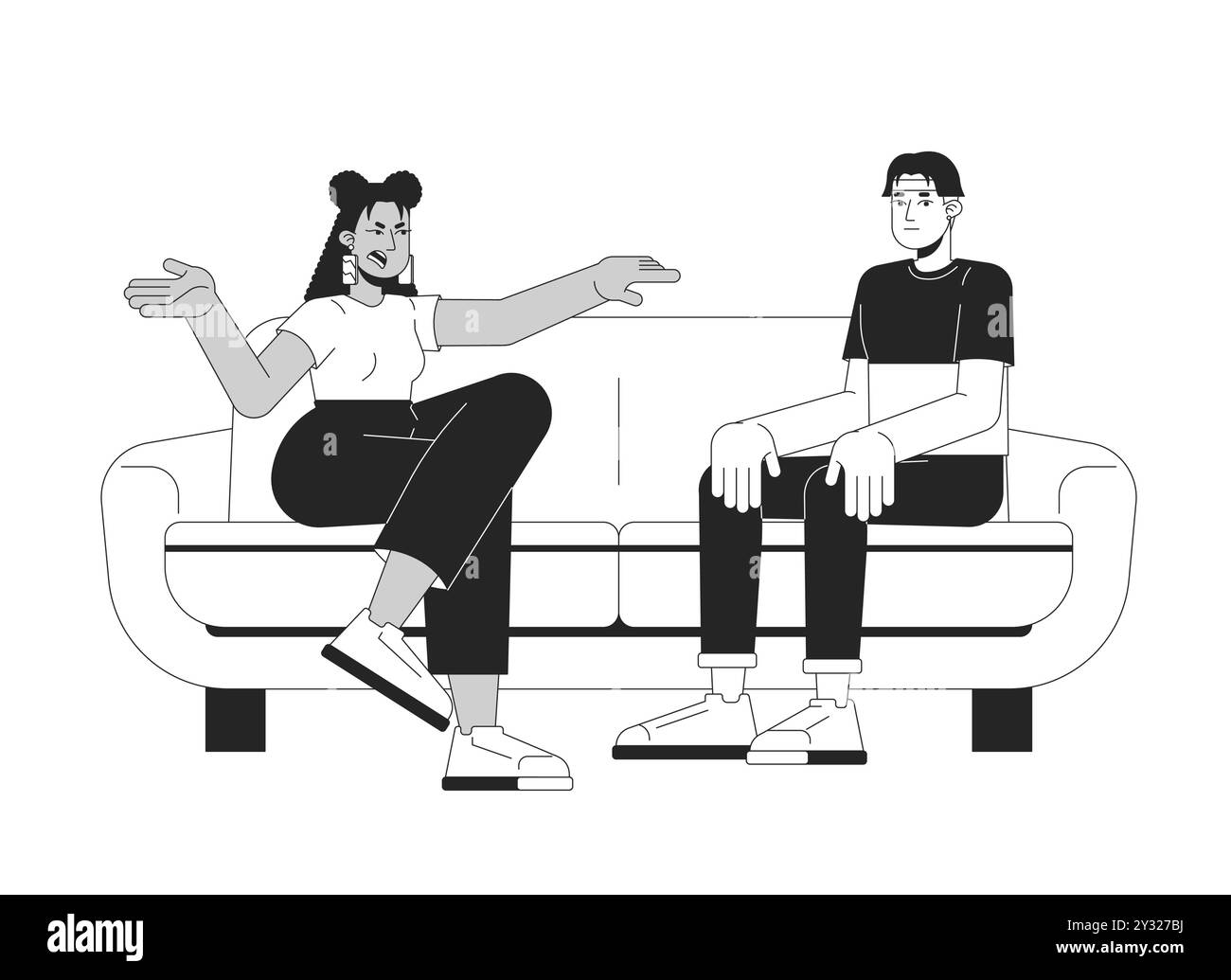 Aggressive woman criticizing guiltless man black and white 2D line ...