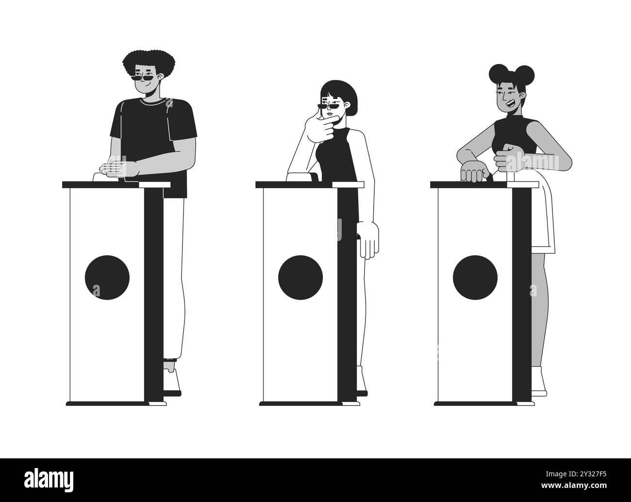 Quiz show participants standing behind buzzer podiums black and white ...