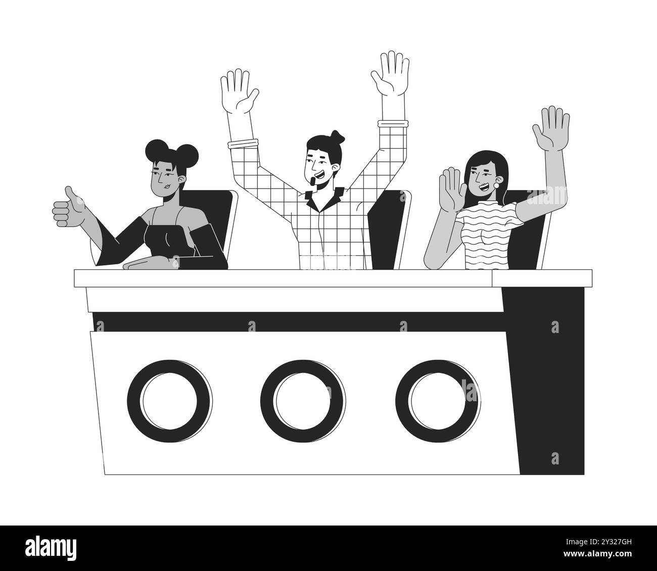Talent show judges react excitedly at panel table black and white 2D ...