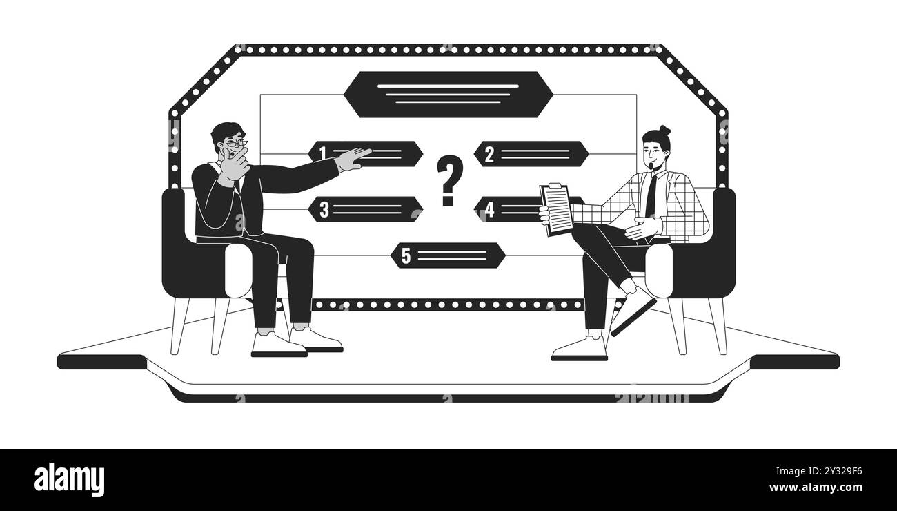 Television game show studio with host and contestant black and white 2D ...