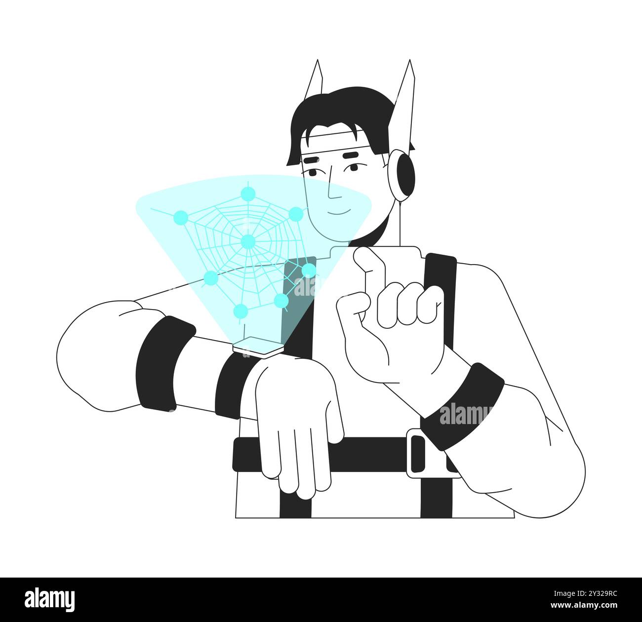 Futuristic man wristwatch hologram touching black and white 2D line ...