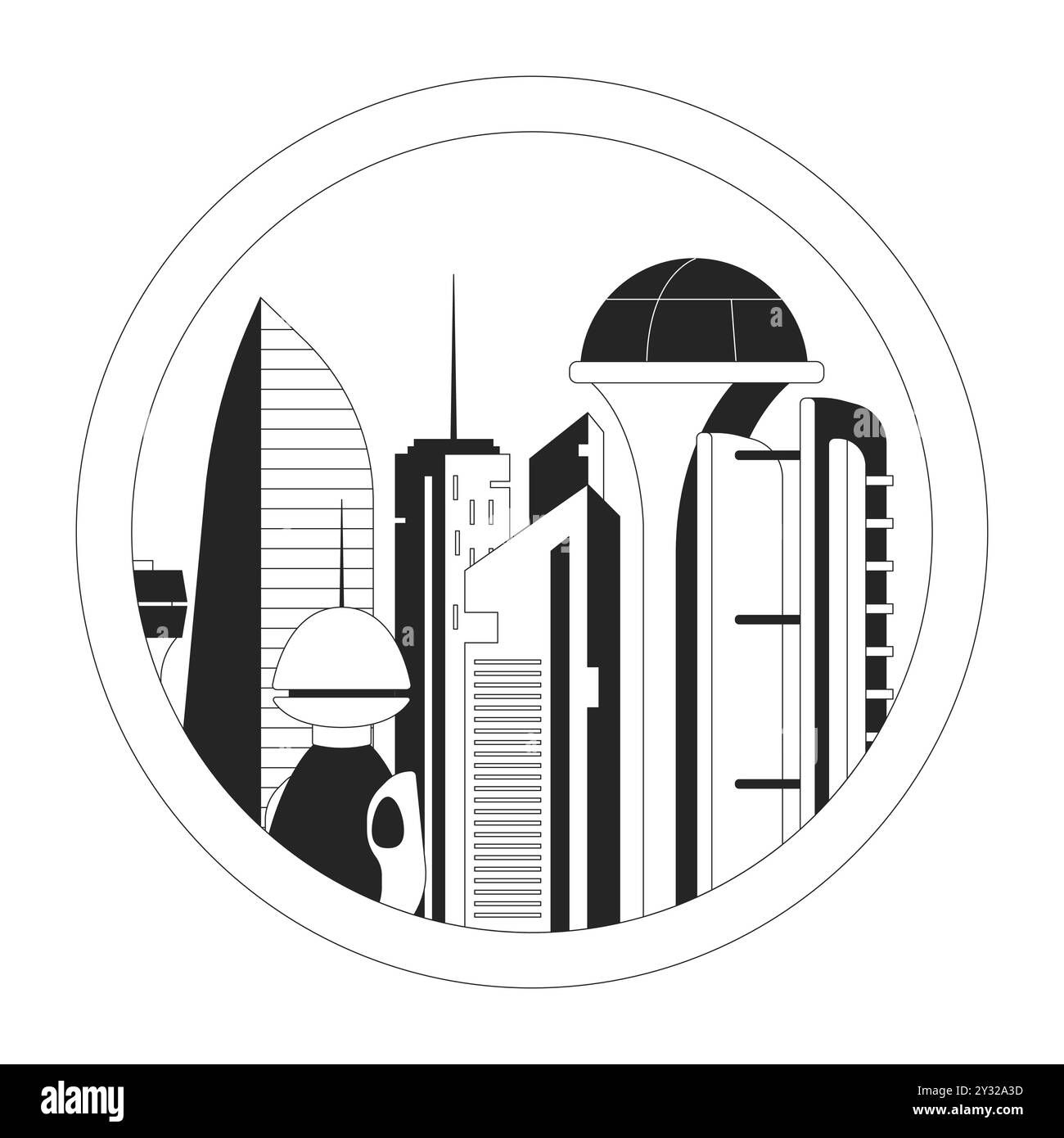 Futuristic city round window black and white line illustration Stock ...