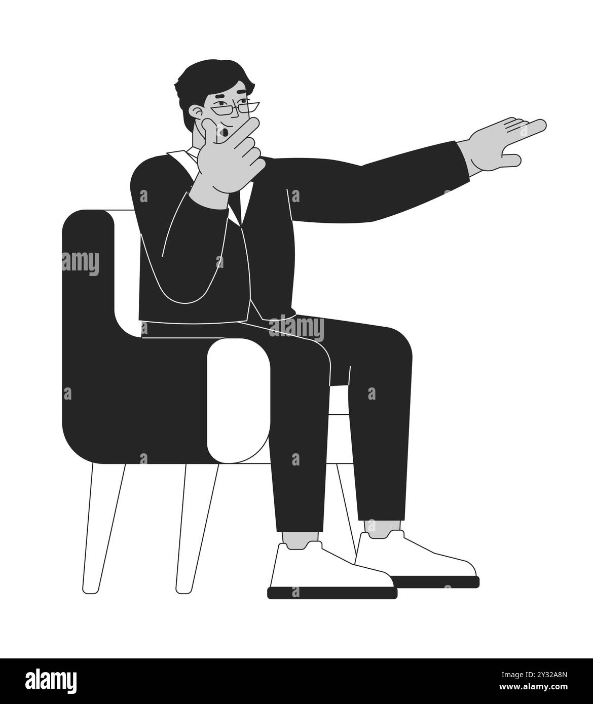 Thinking man in armchair pointing finger black and white 2D line ...