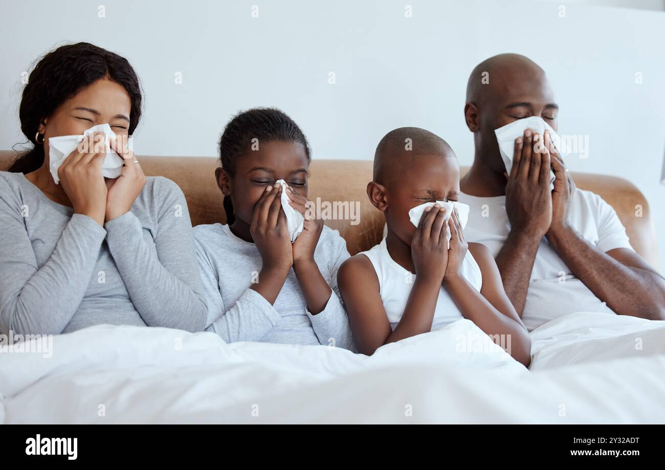 Allergy, bedroom and tissue with black family and blowing nose for ...