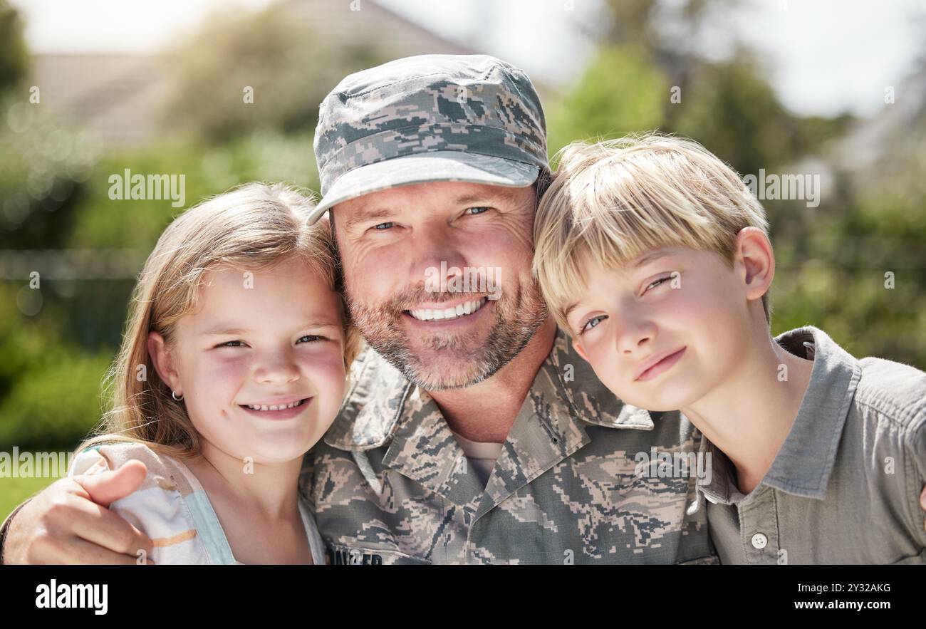 Portrait, soldier and love of children, nature and bonding with dad ...