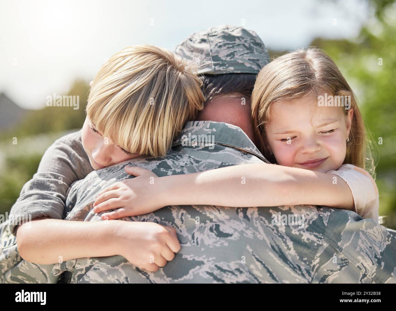 Hug, soldier and love of children, family and bonding with dad, reunion ...