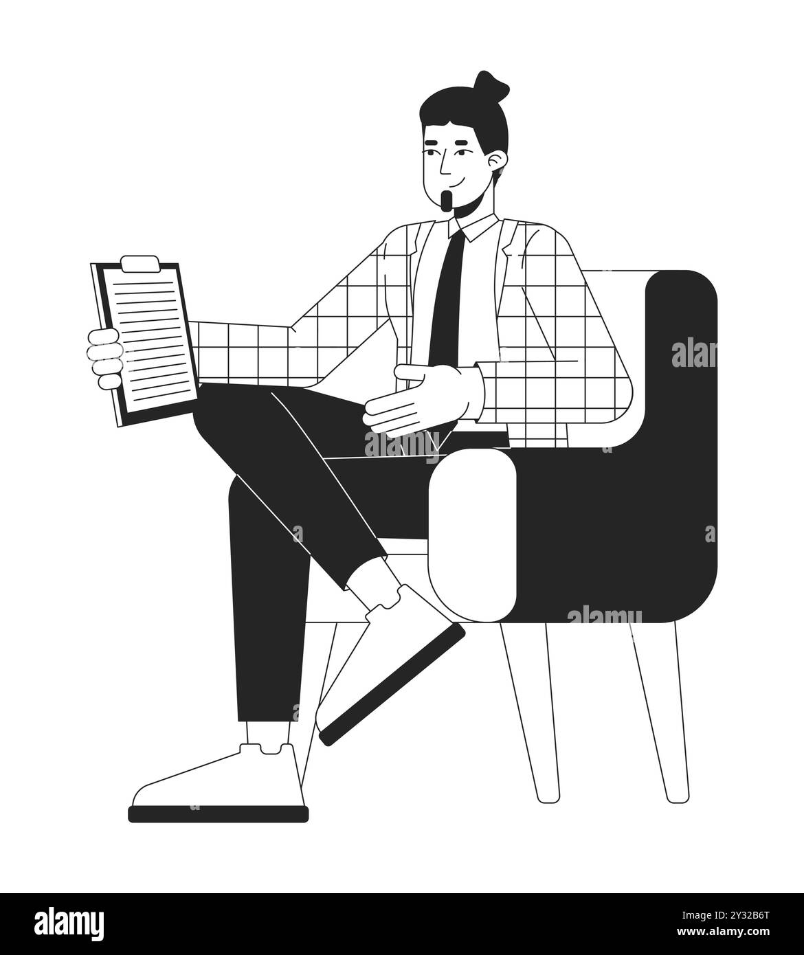 Caucasian man tv host sitting armchair relaxed black and white 2D line ...