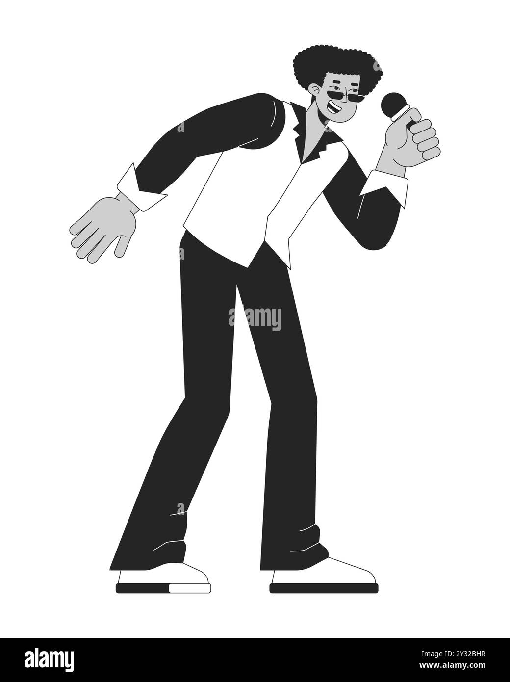 Retro male singer singing microphone black and white 2D line character ...