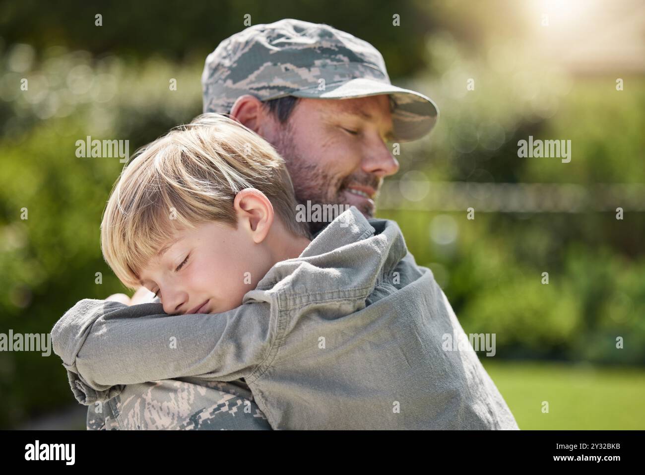 Hug, soldier and love of child, nature and bonding with dad, reunion ...