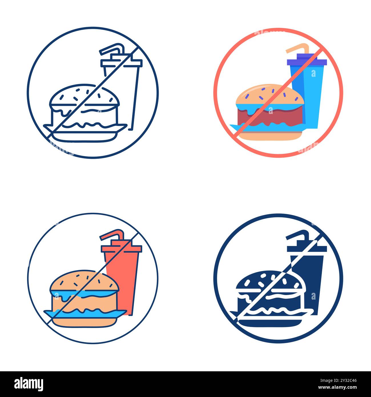 No fastfood icon set in flat and line style. Fast food prohibited ...