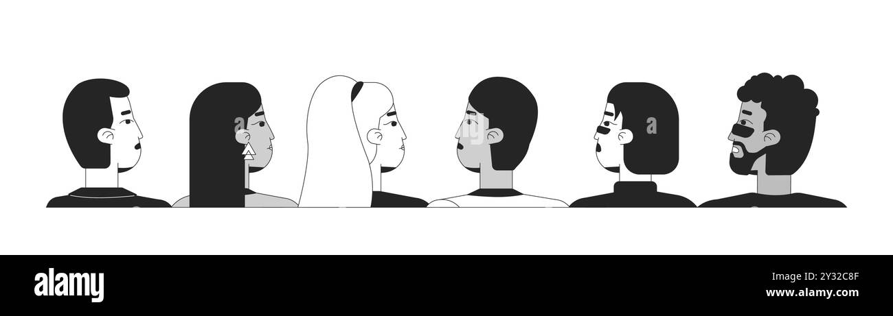 Audience group of people multicultural black and white 2D line ...