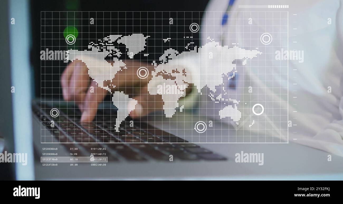 Image of financial data processing over african american businessman in ...