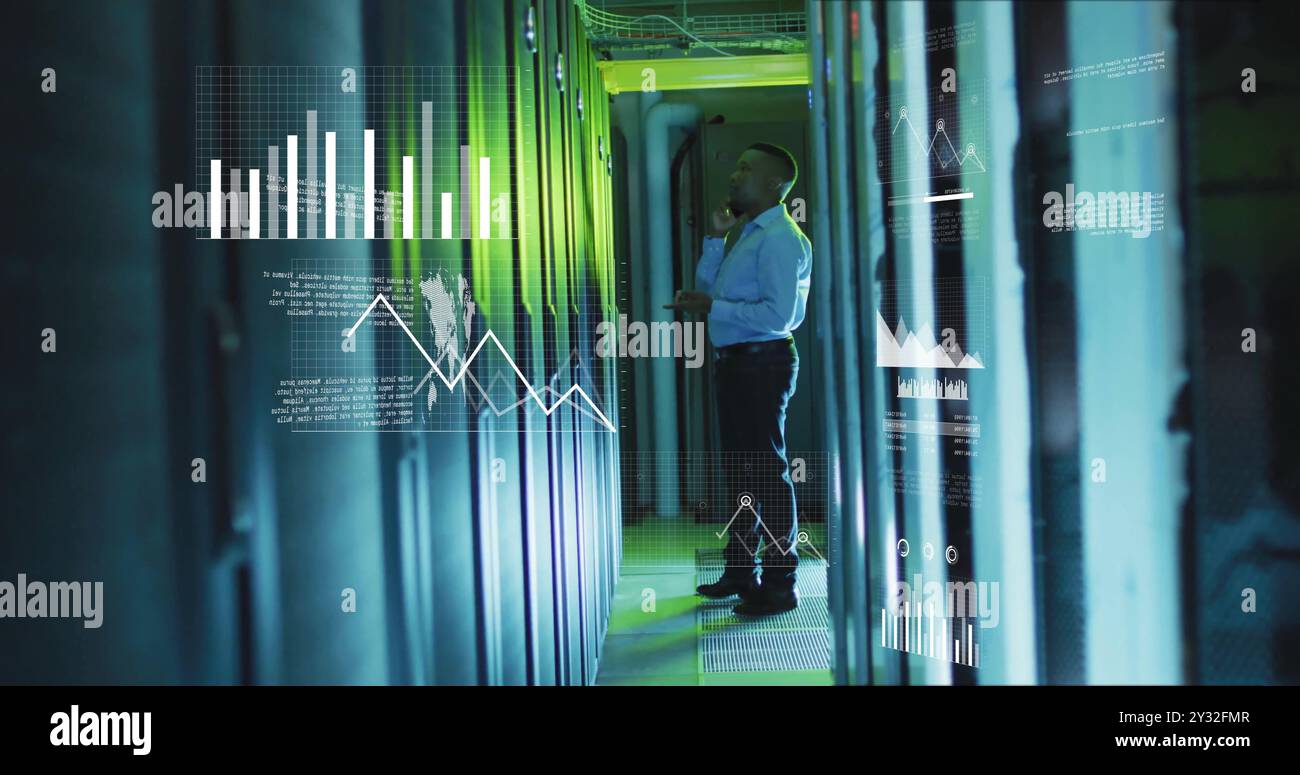 Image of financial data processing over african american businessman in ...