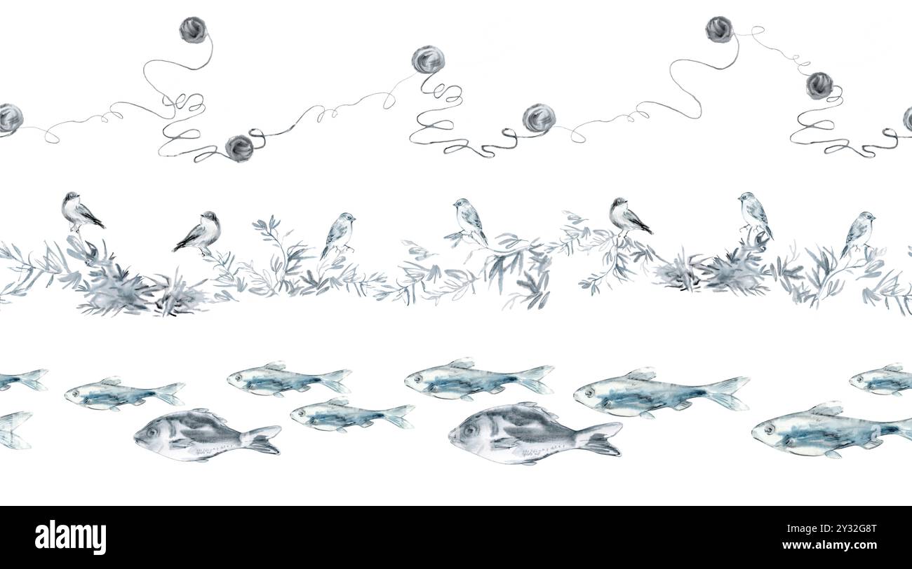 Set of seamless border of birds on a branch, fish and wool balls ...