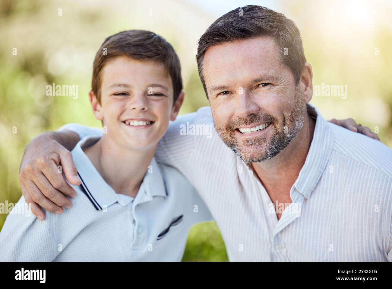 Portrait, happy and child with father in nature for bonding, travel and ...