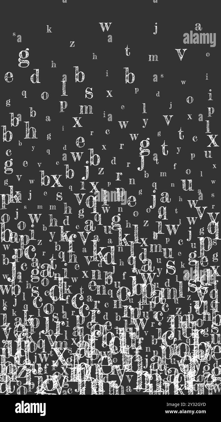 Scattered letters of latin alphabet. White chalk floating characters of ...