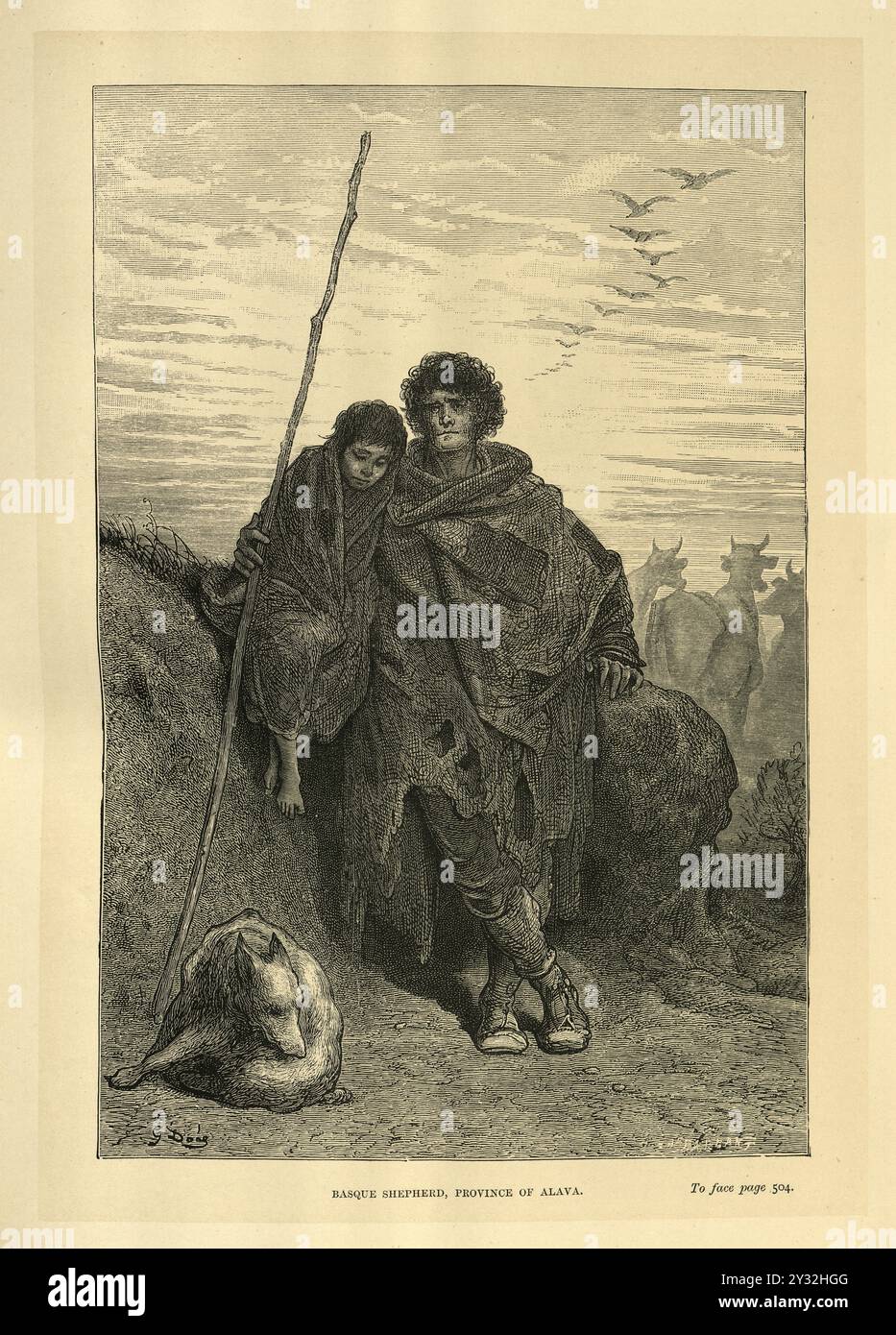 History of Spain, Basque shepherd or cattle herder with his son and dog ...
