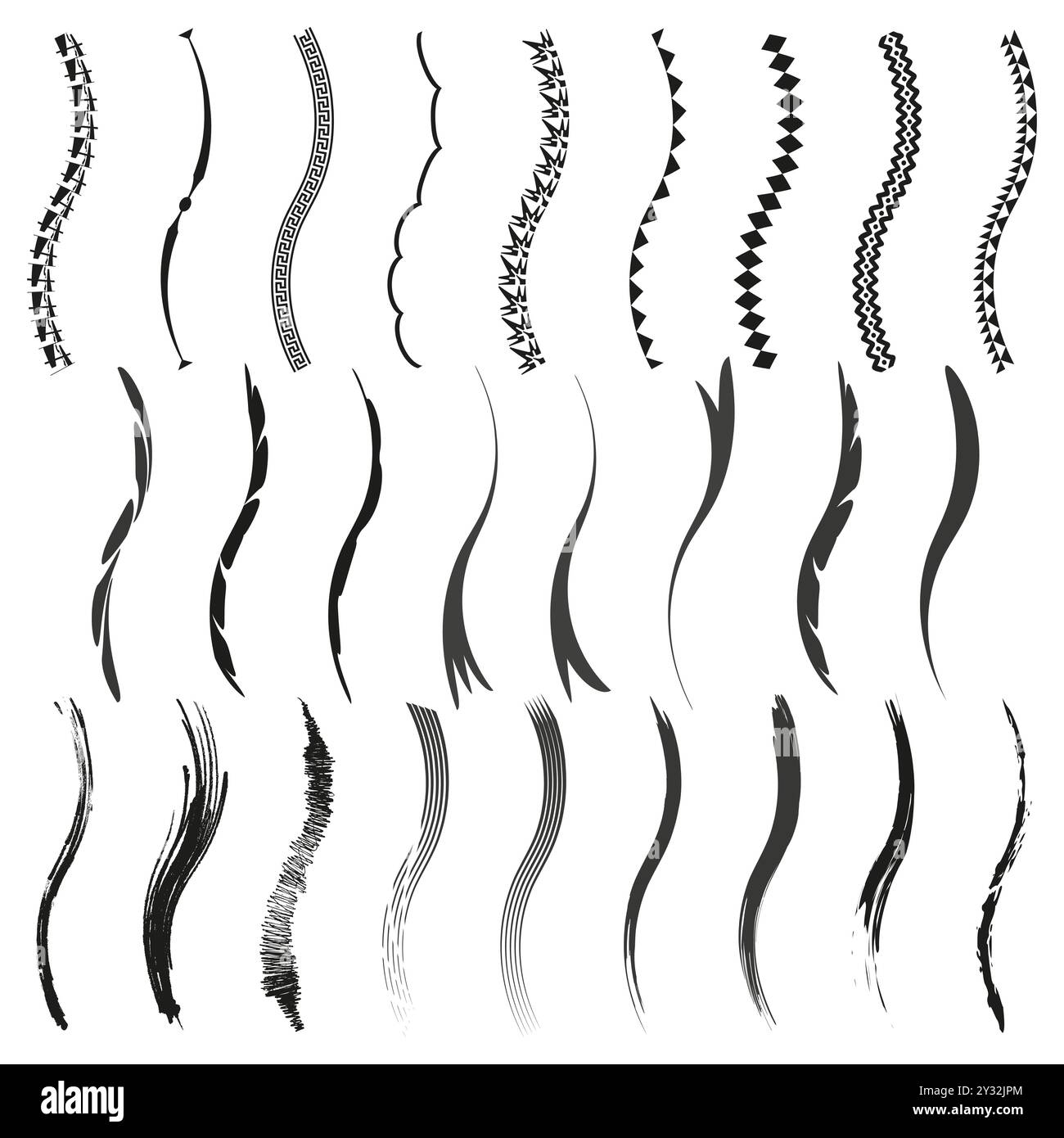 Decorative line brush set. Various black strokes and patterns. Curved ...
