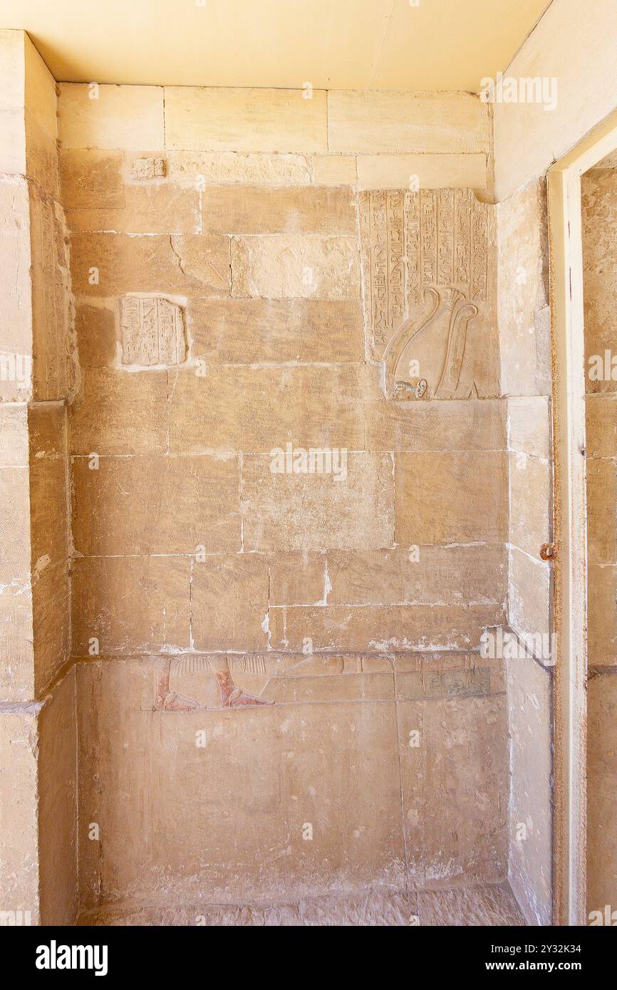 Egypt, Saqqara, tomb of Horemheb, statue room, Horemheb facing the god ...