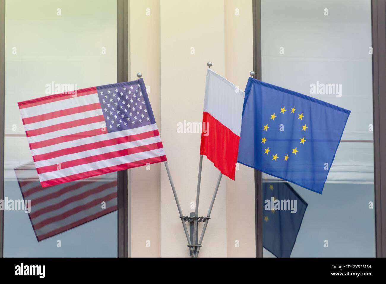 Flags of Poland, America and the European Union. Politics Stock Photo ...