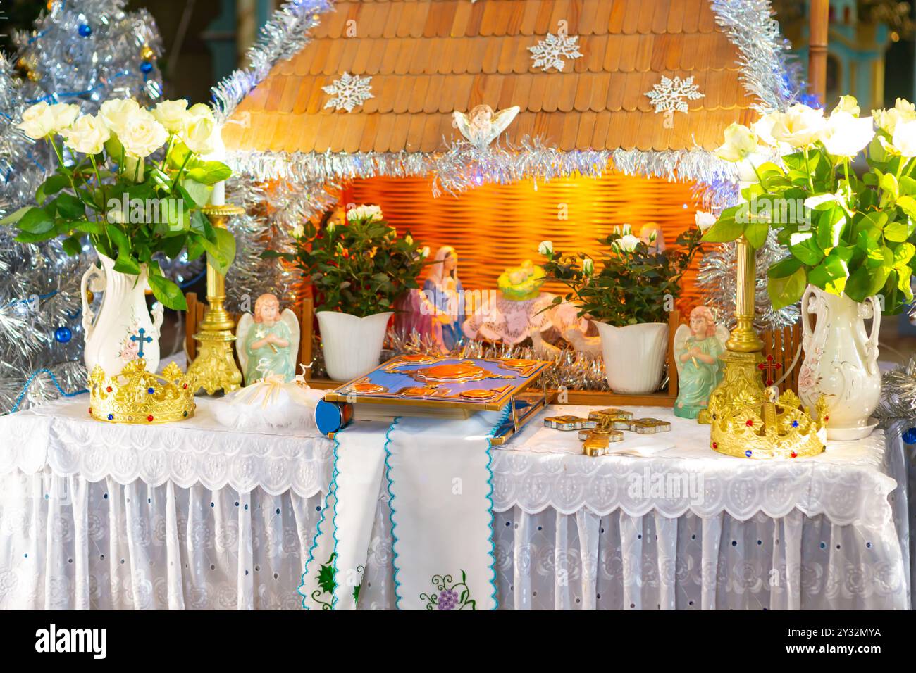 Colorful Nativity Display With Flowers and Decor in a Festive Setting ...