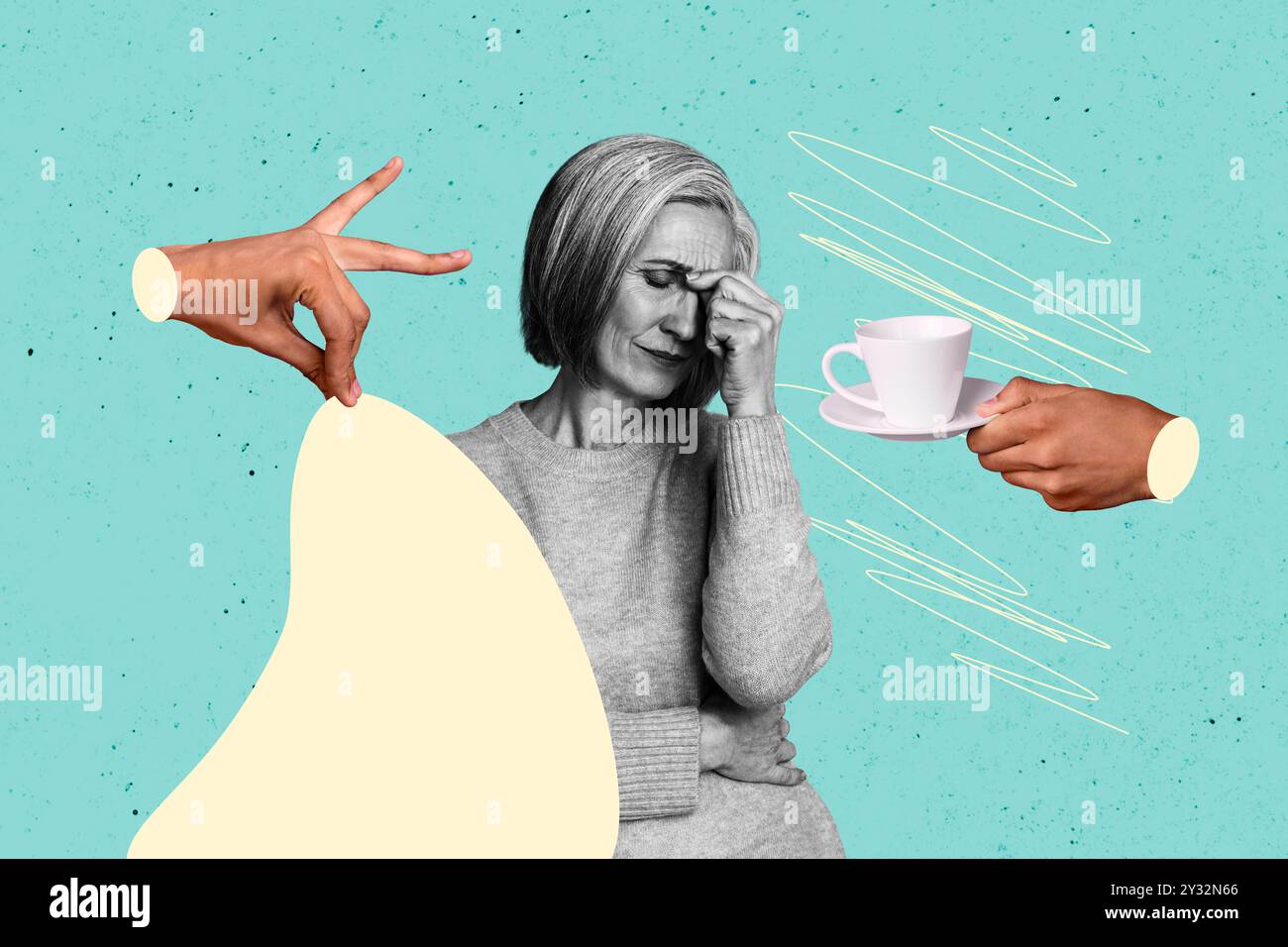 Composite photo collage of upset old woman hold head migraine problem ...