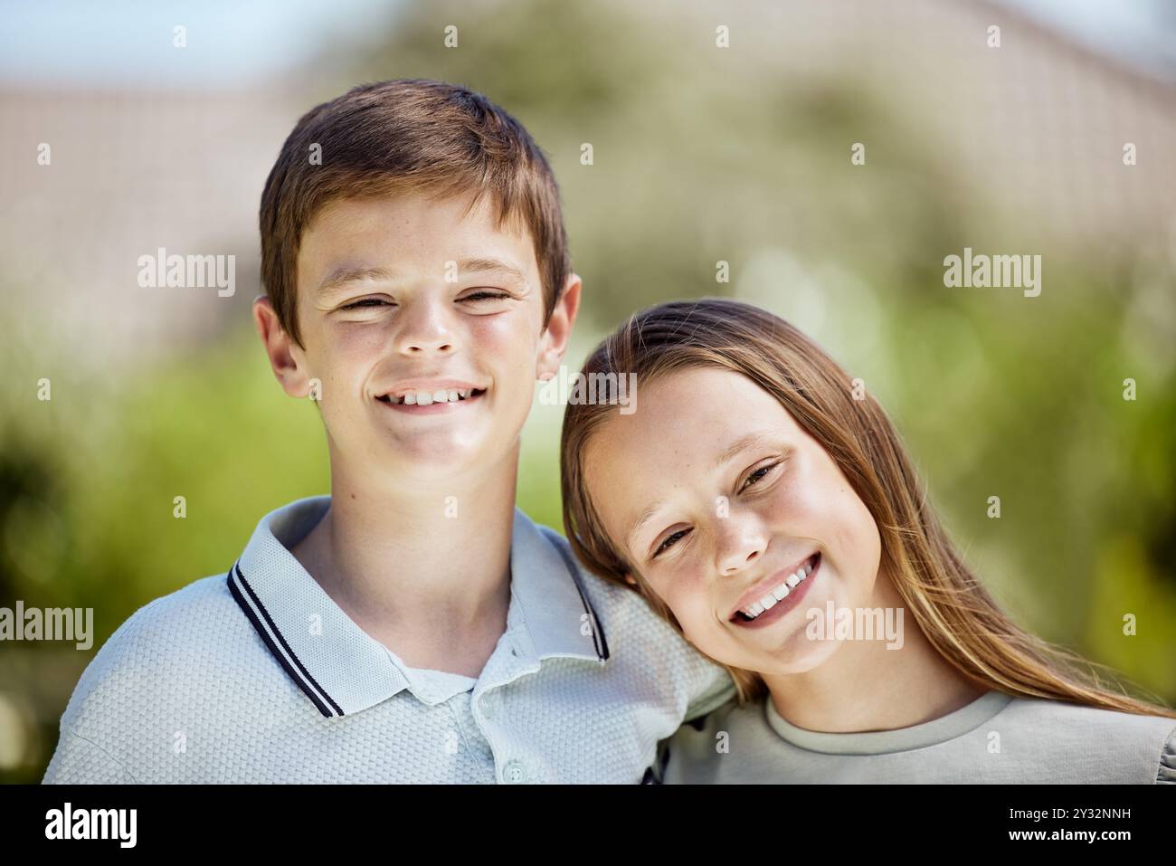 Portrait, smile and siblings in park, outdoor and happy in nature ...