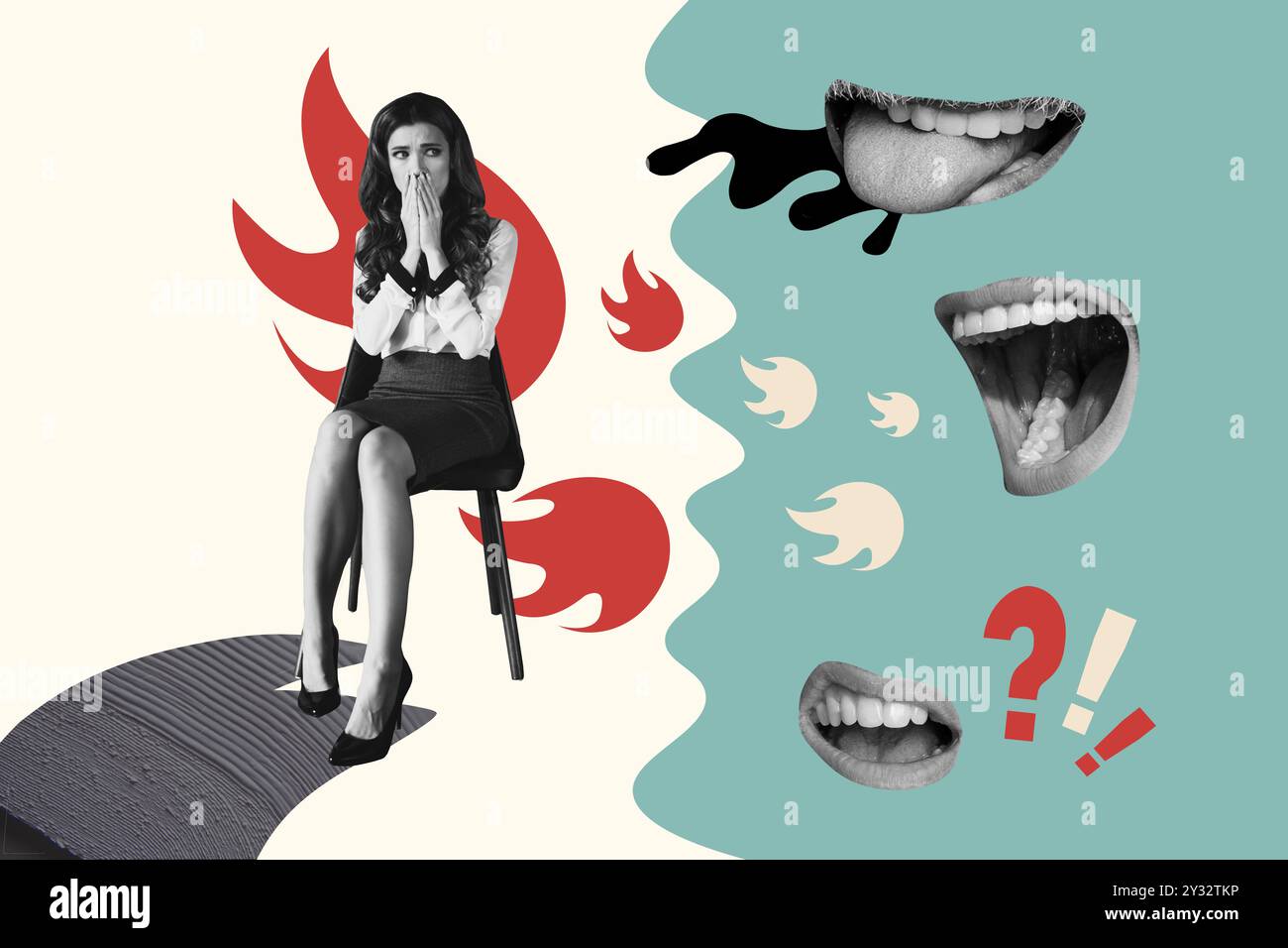 Image collage young attractive businesswoman sit suffer mouth scream ...