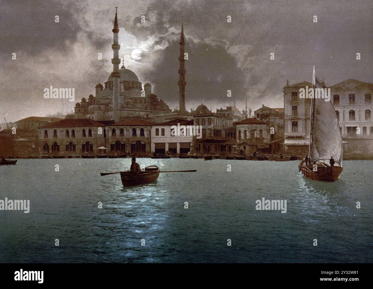 Yeni Cami, die Neue Moschee, bei Mondlicht, Constantinople, Istanbul ...