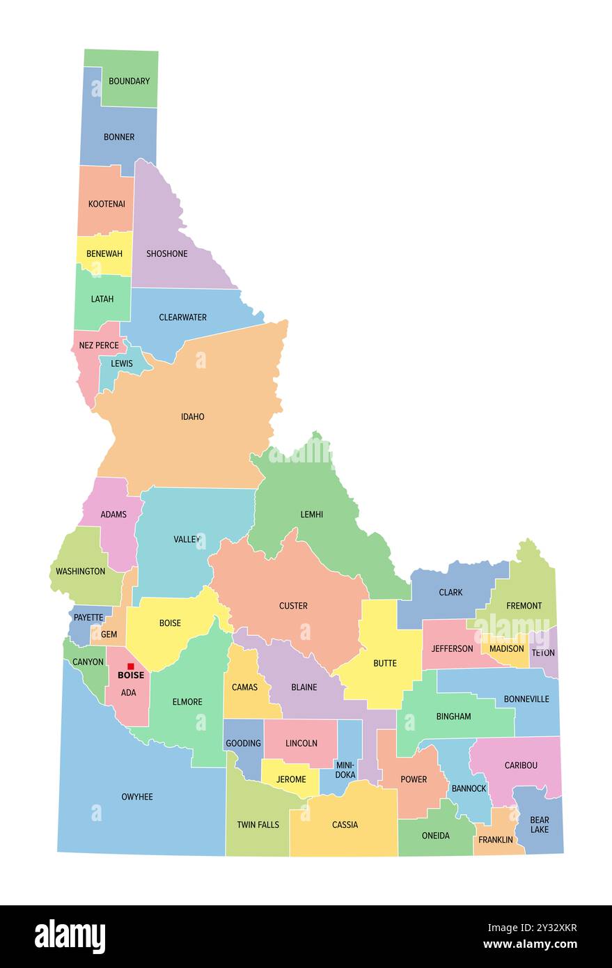 Idaho, U.S. state, subdivided into 44 counties, multi colored political map with capital Boise ...