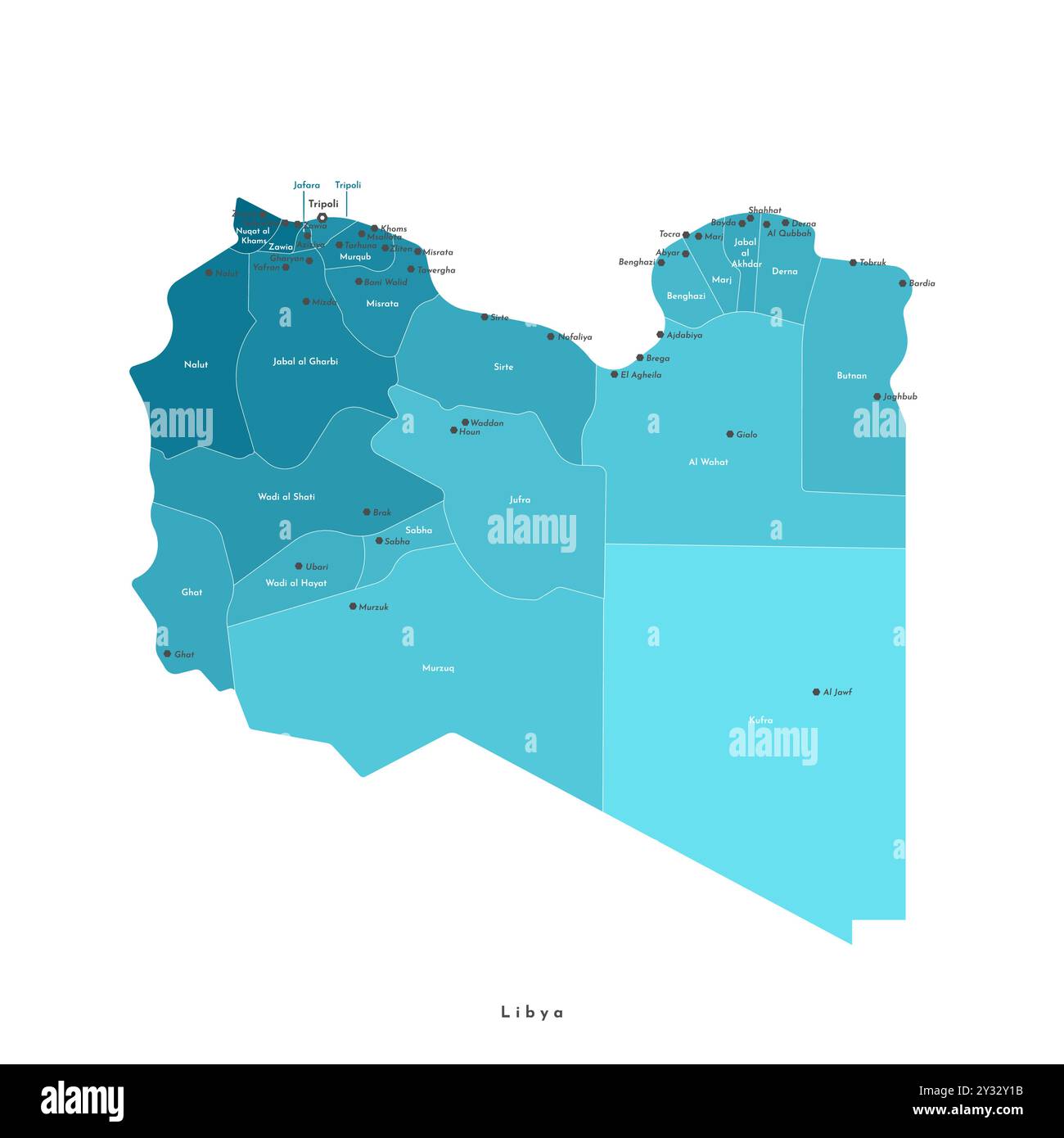 Vector modern isolated illustrationin blue colors. Simplified administrative map of Libya. Names ...