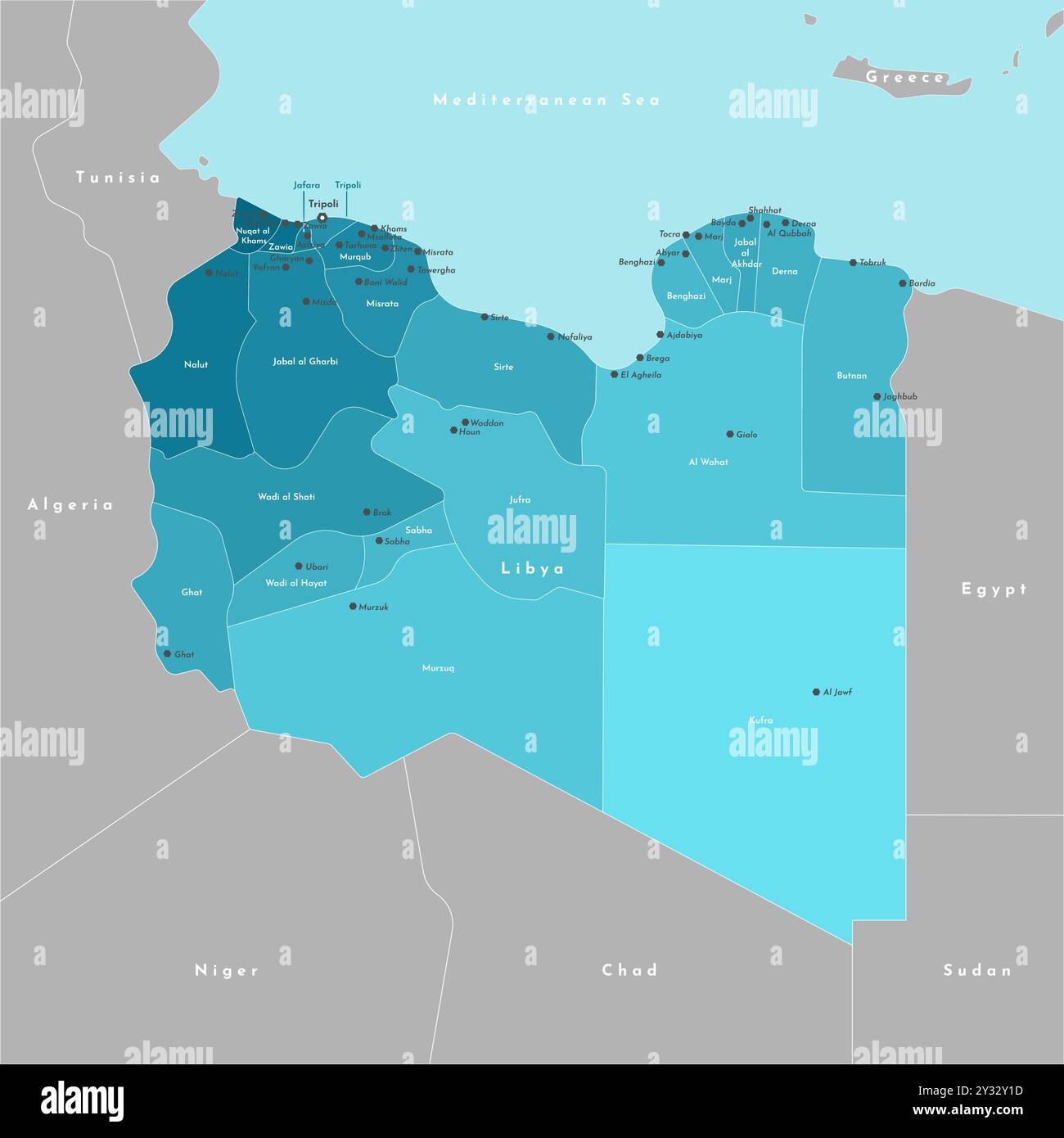 Vector modern illustration. Simplified administrative map of State of Libya. Border with nearest ...