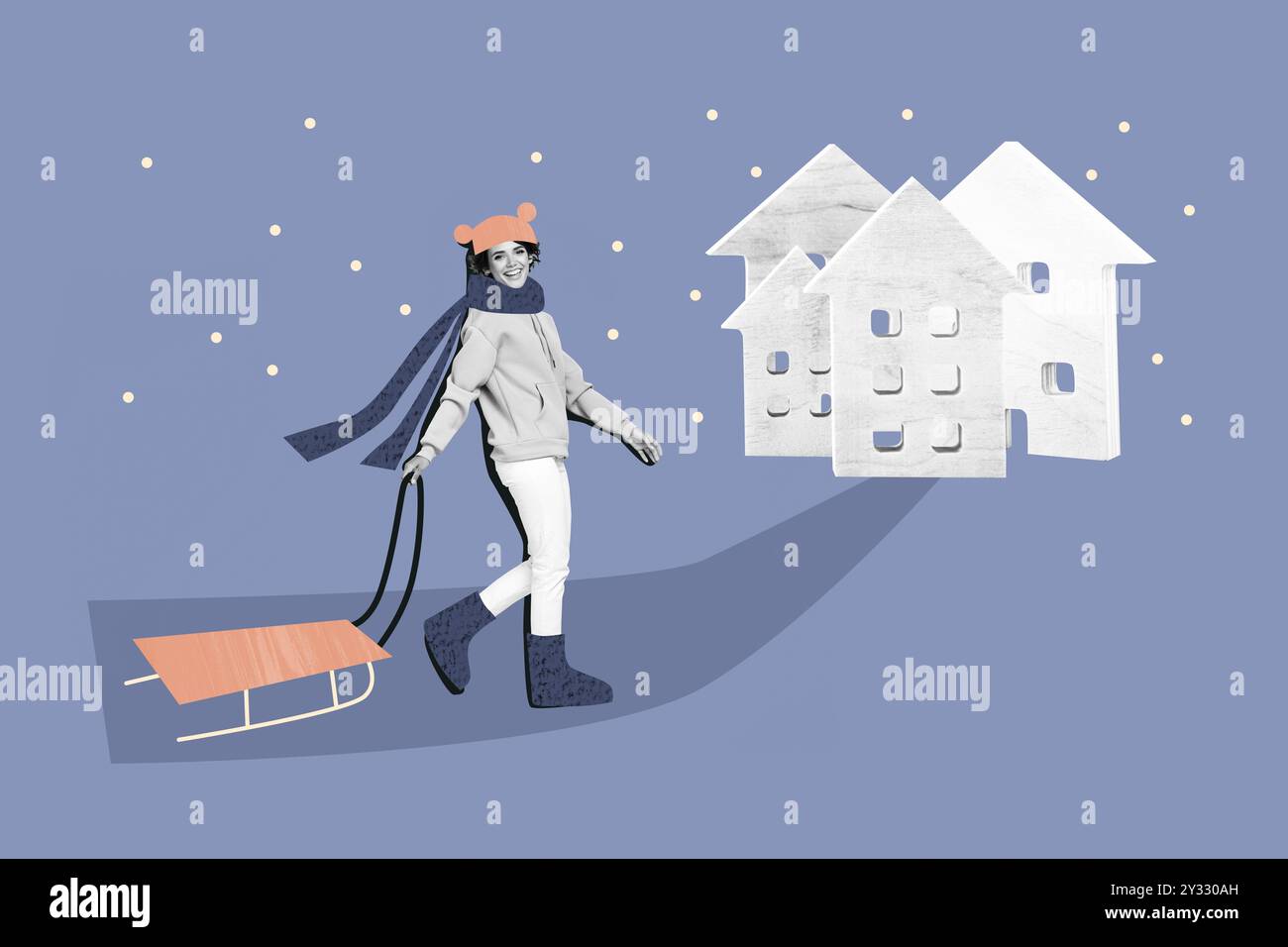 Collage image of charming girl walking city street holding sledge ...