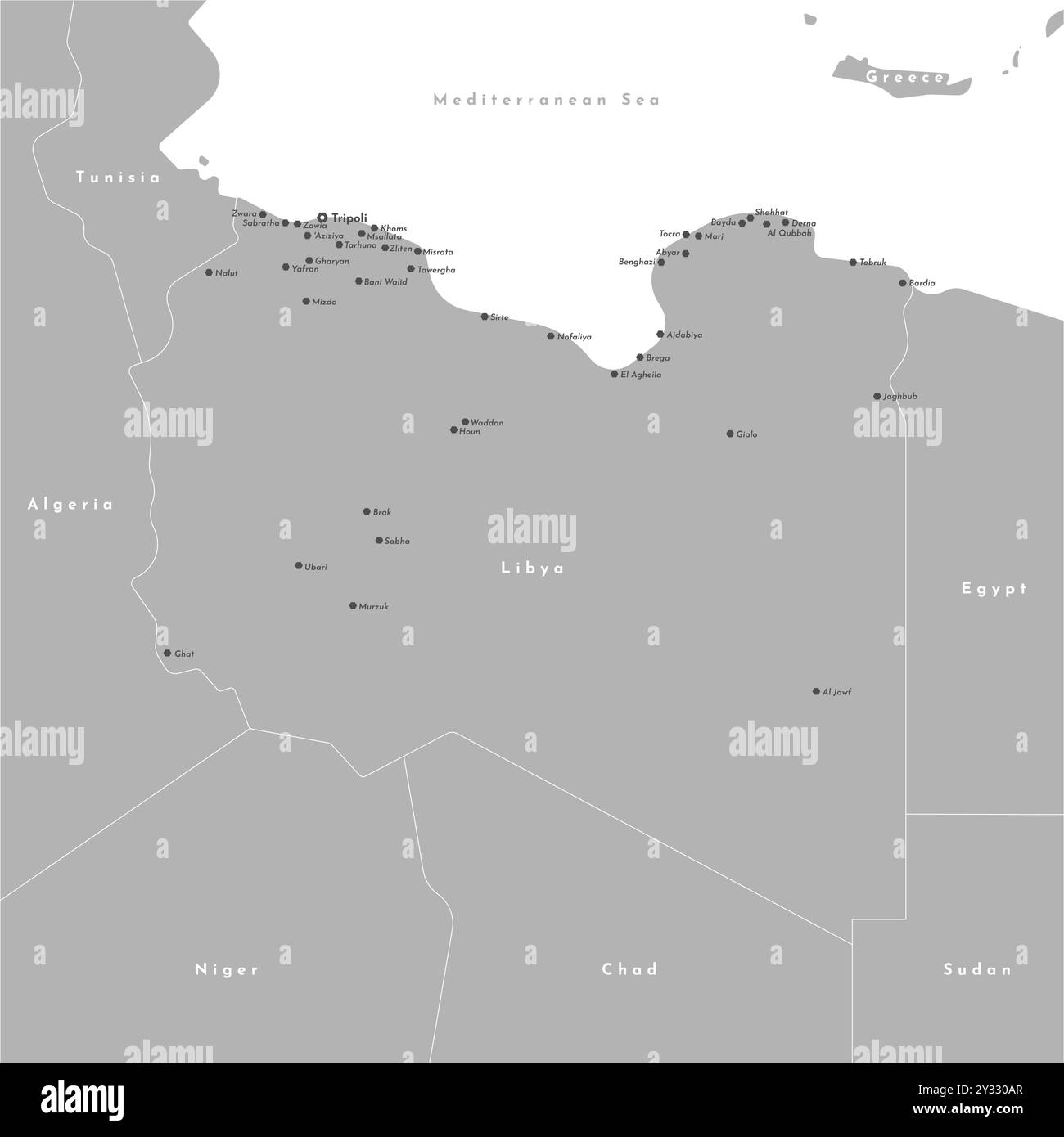 Vector modern illustration. Simplified administrative map of State of Libya. Border with nearest ...