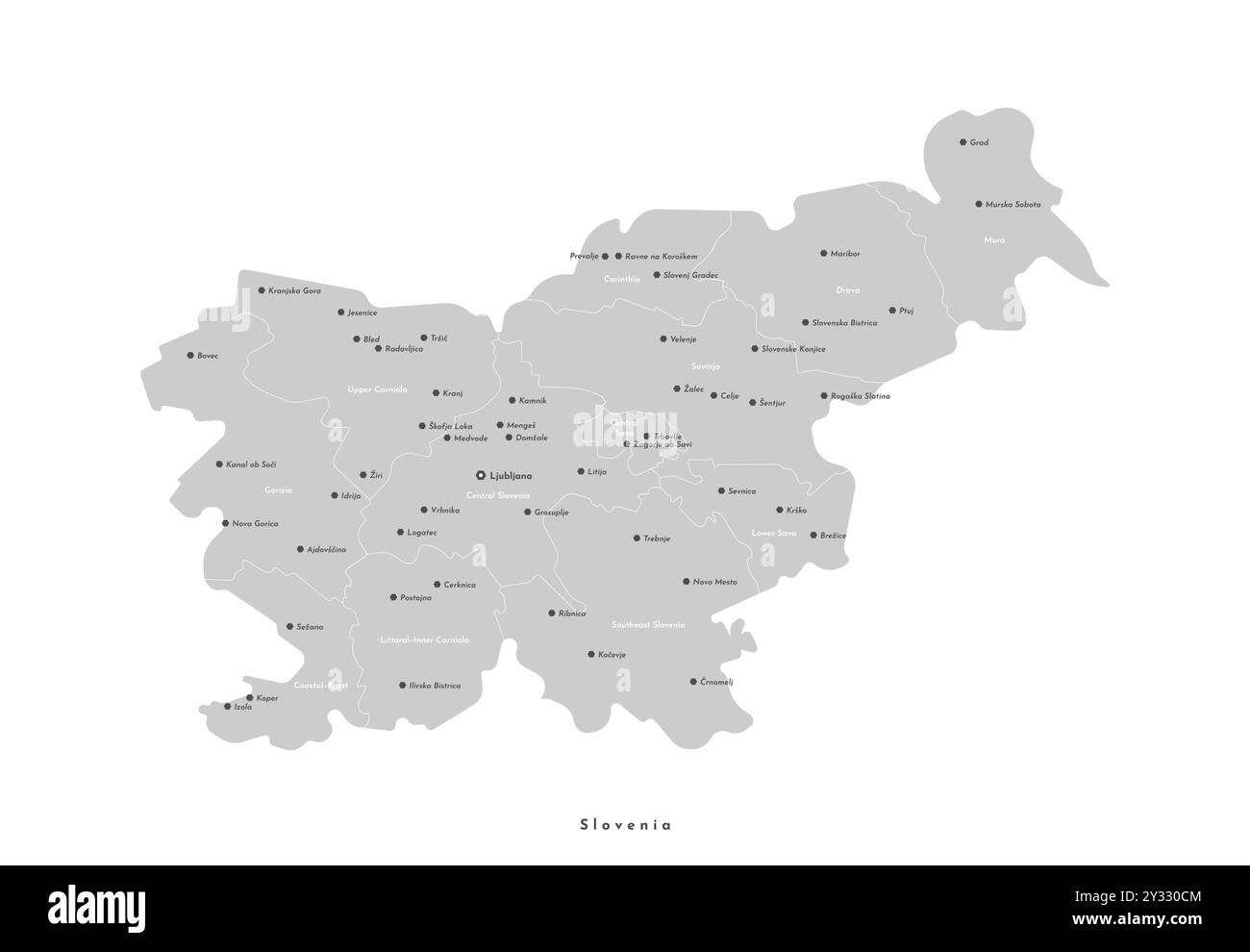 Vector isolated illustration. Simplified administrative map of Slovenia. Grey shapes of regions ...