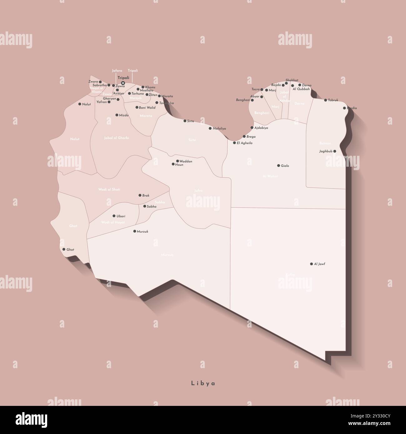 Vector modern illustrationin beige colors. Simplified administrative map of Libya. Names of ...