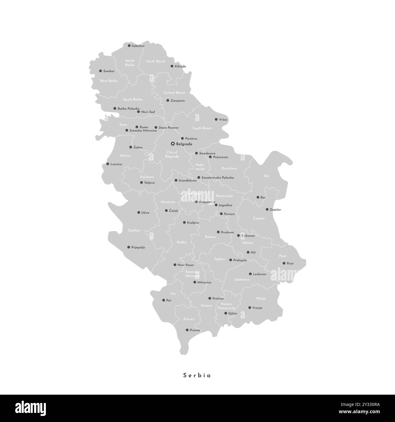 Vector isolated illustration. Simplified administrative map of Serbia including Kosovo in grey ...