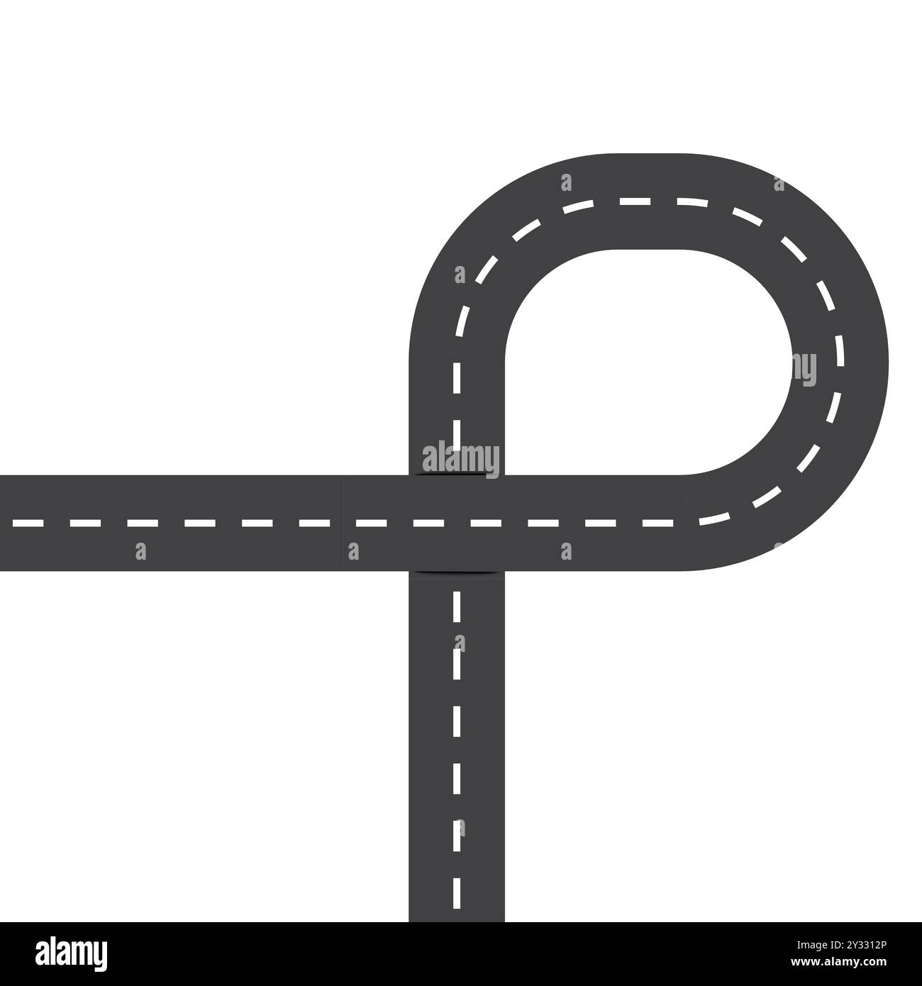 Curved road intersection. Asphalt highway loop. Dashed white lane ...