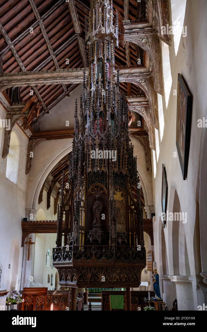 Wooden carved font cover Ufford church Suffolk Stock Photo - Alamy