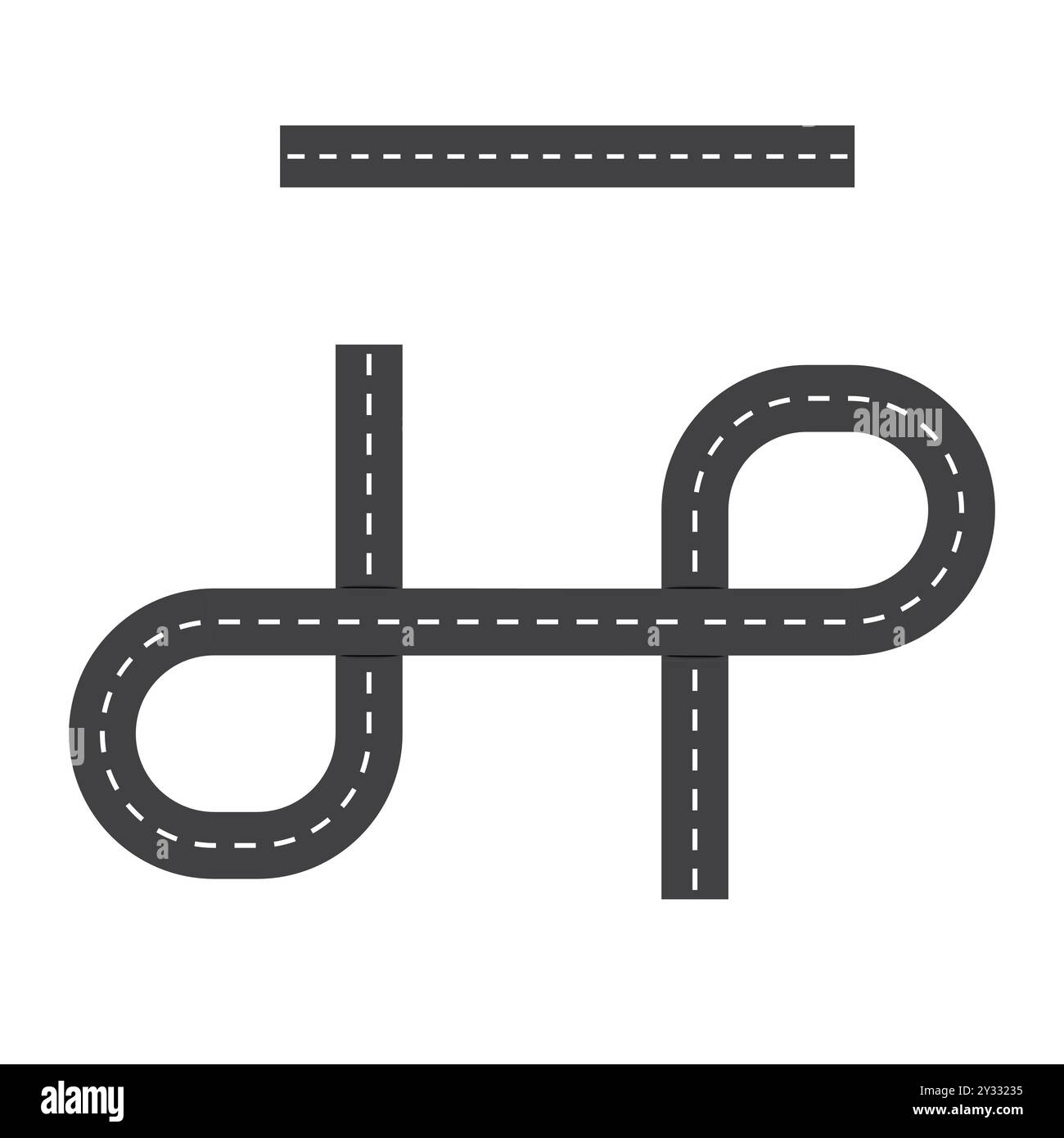 Abstract road design with dashed lines forming a loop and straight path. Minimalist black ...