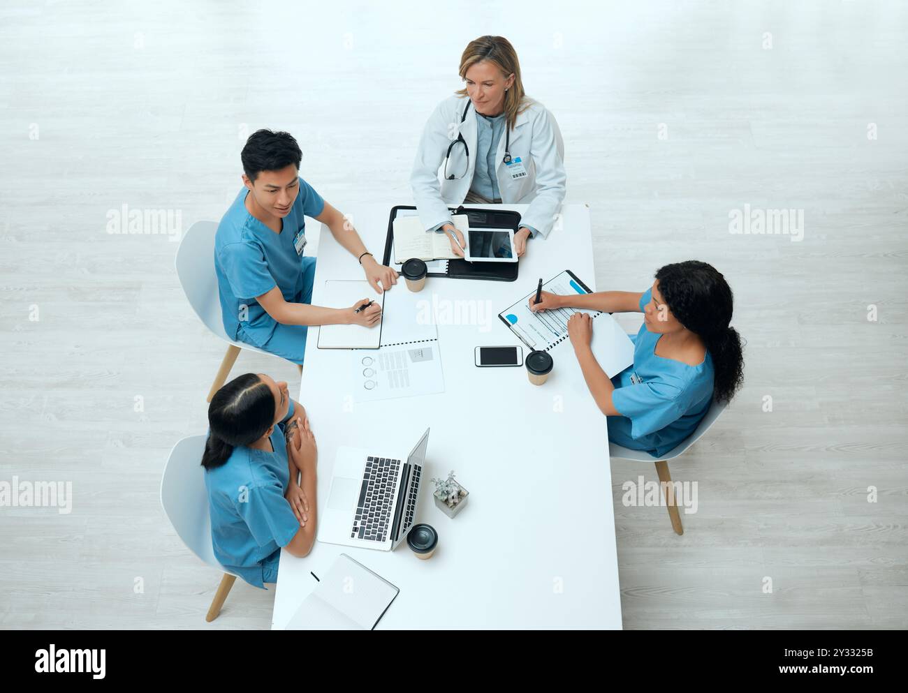 People, doctor and nurse in meeting on boardroom with teamwork ...
