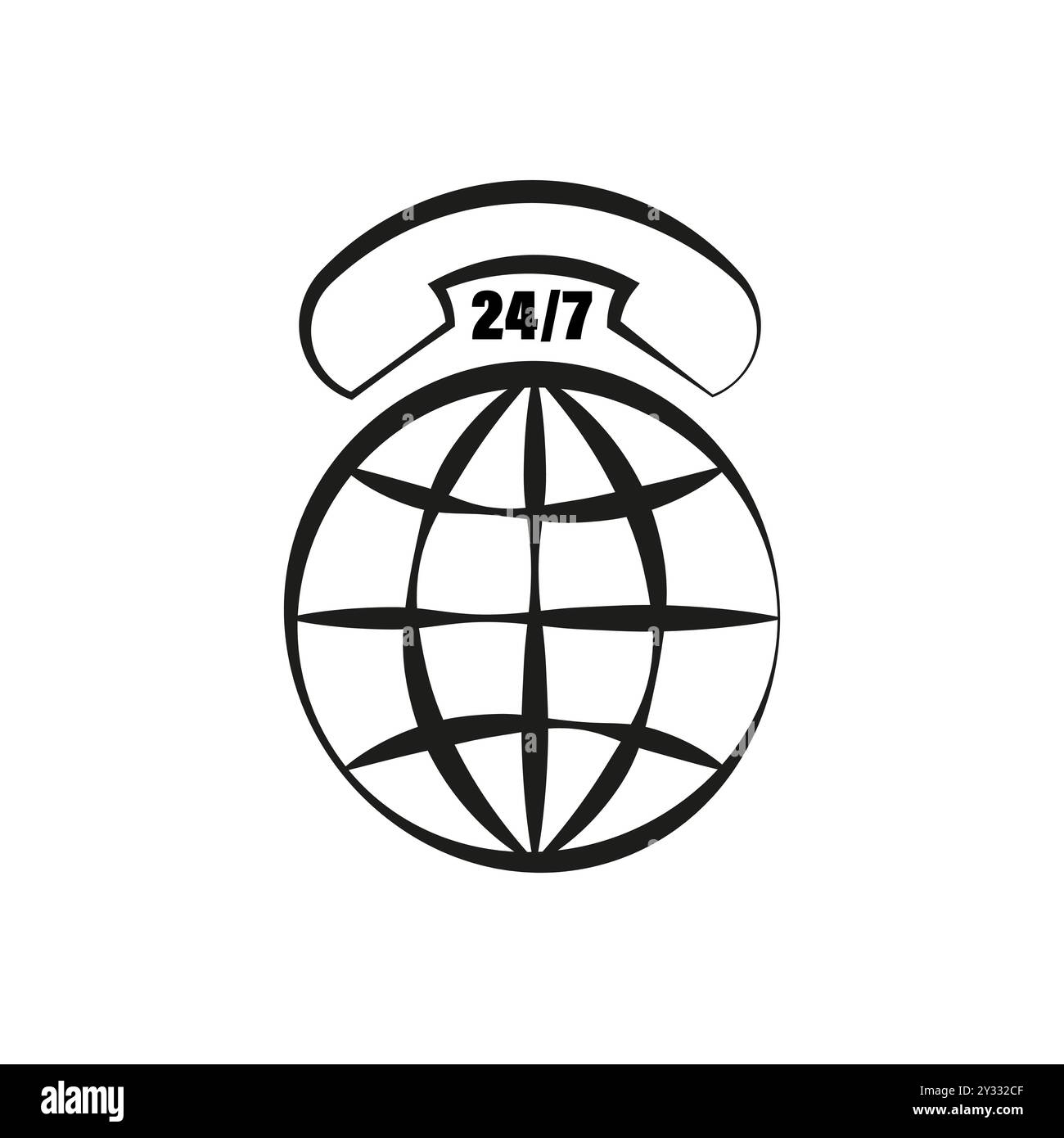 24 7 global service icon. Telephone receiver and globe symbol. Black ...