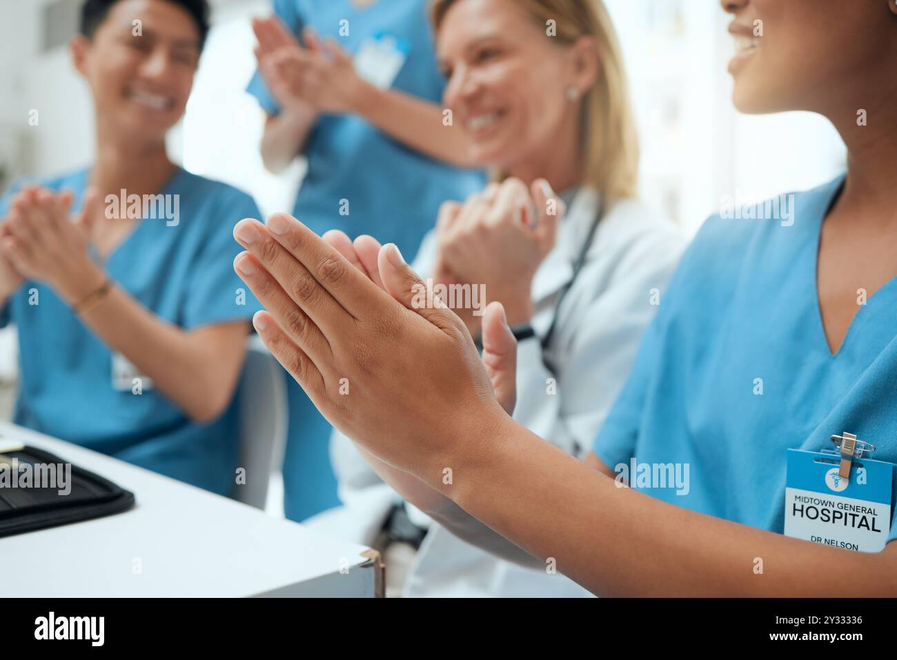 People, doctor and excited with medical students with applause for ...